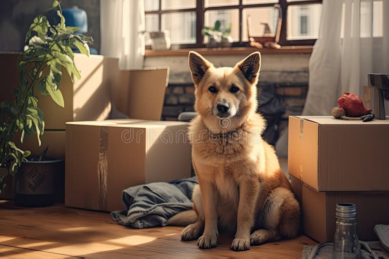 Cute Dog in Cardboard Box in Room Stock Photo - Image of brown, animal ...