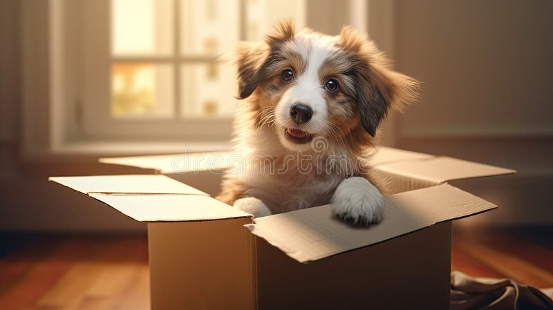 Cute Dog in Cardboard Box in Room Stock Image - Image of apartment ...