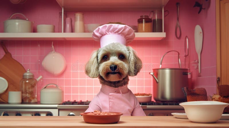 Cute Dog in Chef S Hat with Bowl of Food in Kitchen Stock Illustration ...