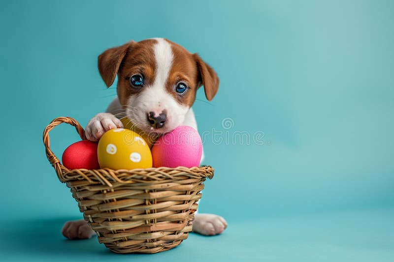 Cute Dog with Easter Eggs Basket Bokeh Style Background Stock ...