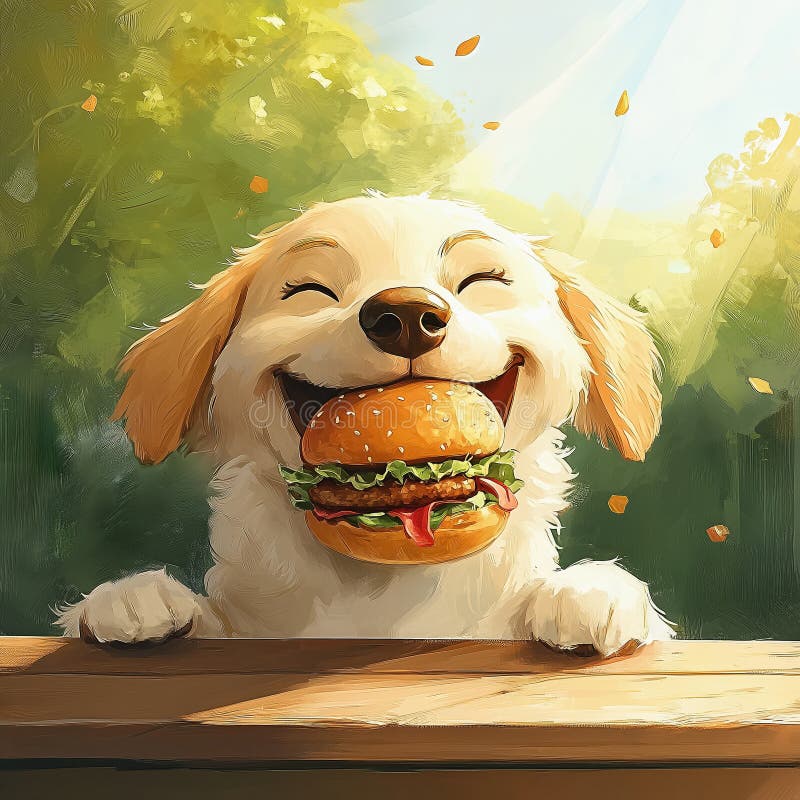 Cute dog eating a burger stock illustration. Illustration of mammal ...