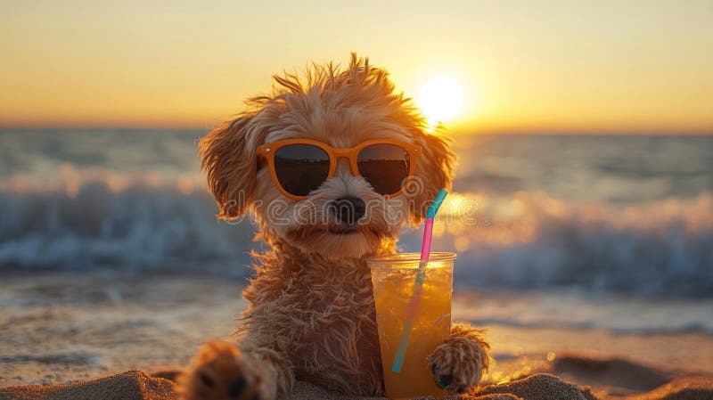 Cute Dog Enjoying Refreshing Drink Beach Sunset Stock Photos - Free ...