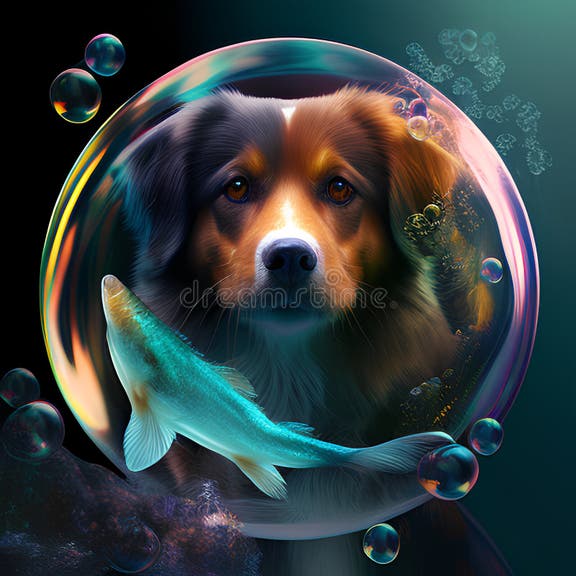 Cute Dog with Fish in the Sphere. 3D Rendering Stock Illustration ...