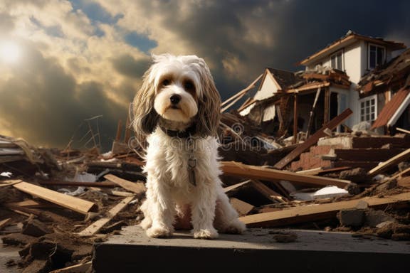 Cute Dog in Front of a Home Destroyed by a Storm Stock Illustration ...