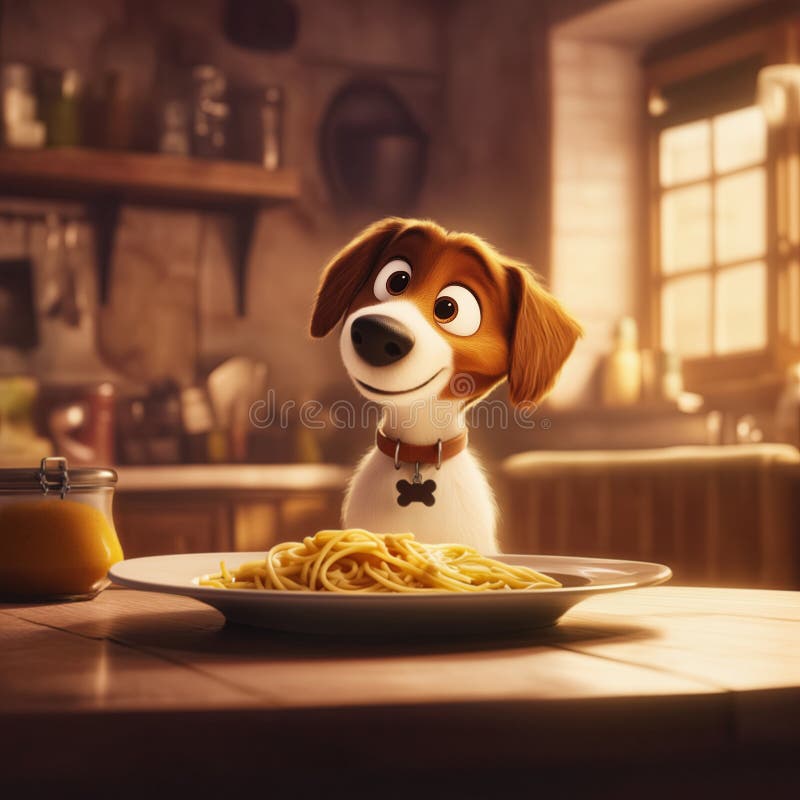 Cute Dog in Front of Some Pasta Stock Illustration - Illustration of ...