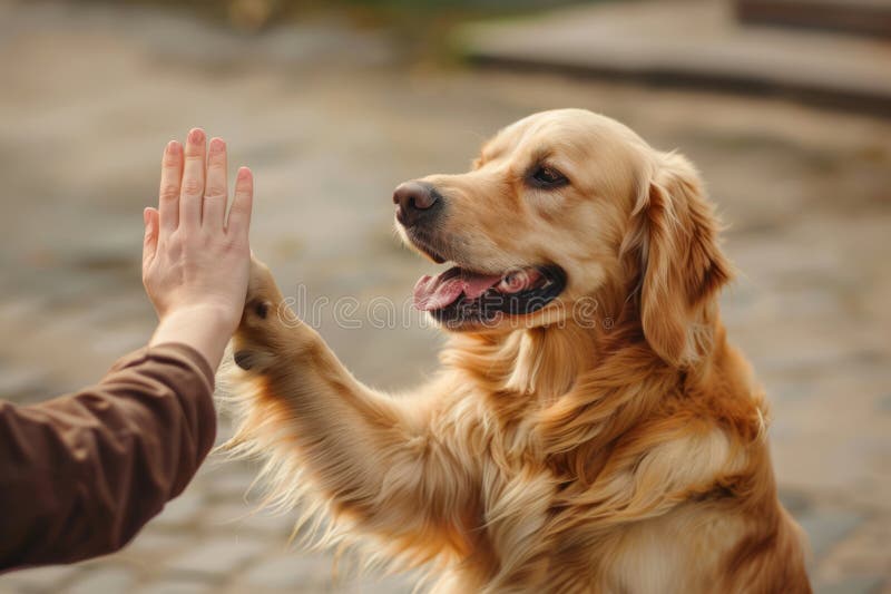 Cute Dog Giving High Five To Owner. Training in Park Stock Photo ...