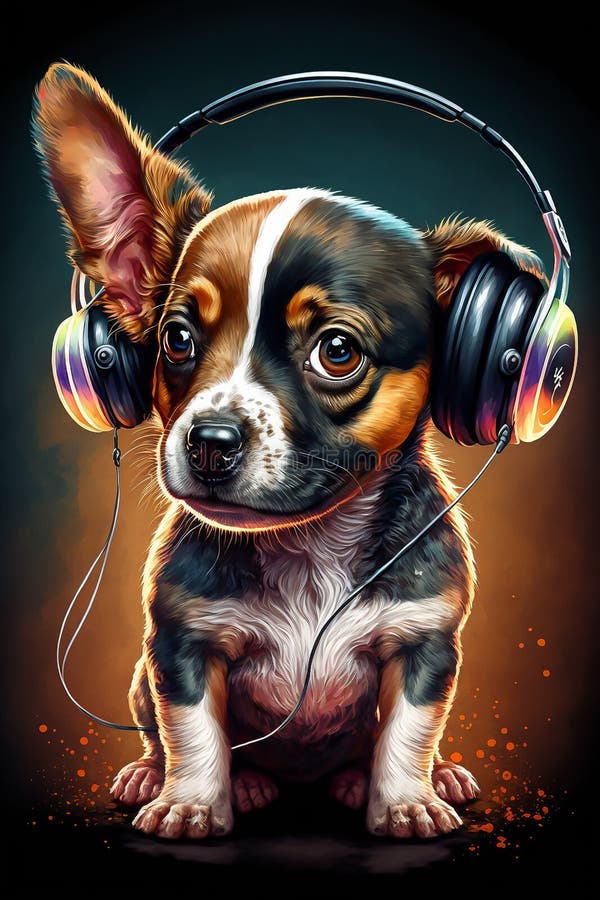 Cute dog with headphones stock illustration. Illustration of blue ...