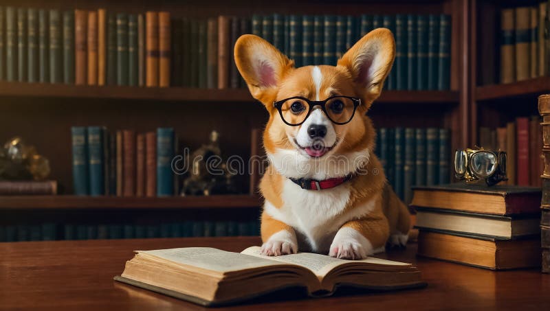 Cute Dog in the Library Information Intelligent Looking Education Stock ...