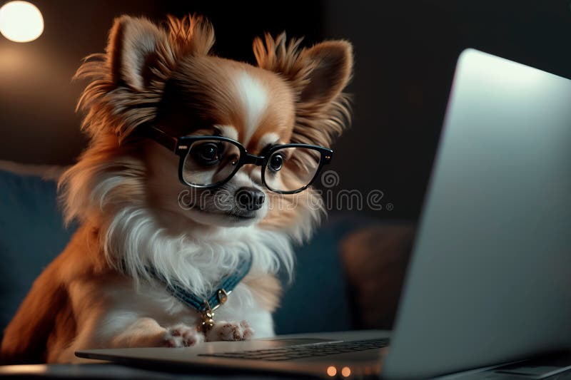 Cute Dog Looking into a Computer Laptop Working in Glasses Generative ...