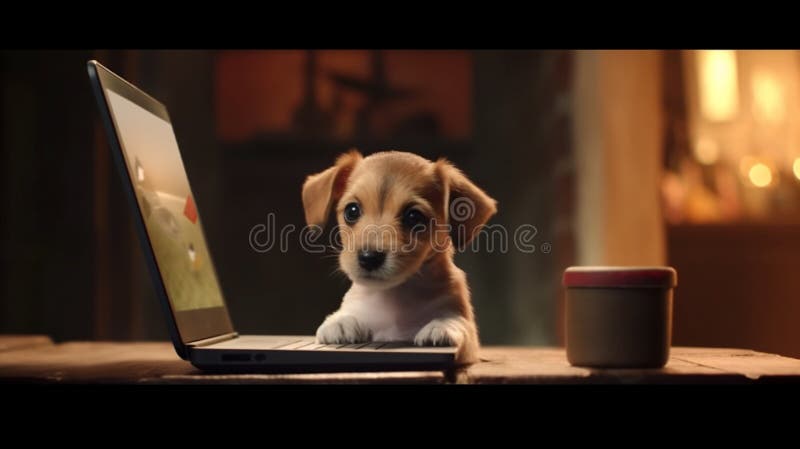 A Cute Dog Looking at a Laptop. Generative AI Stock Illustration ...
