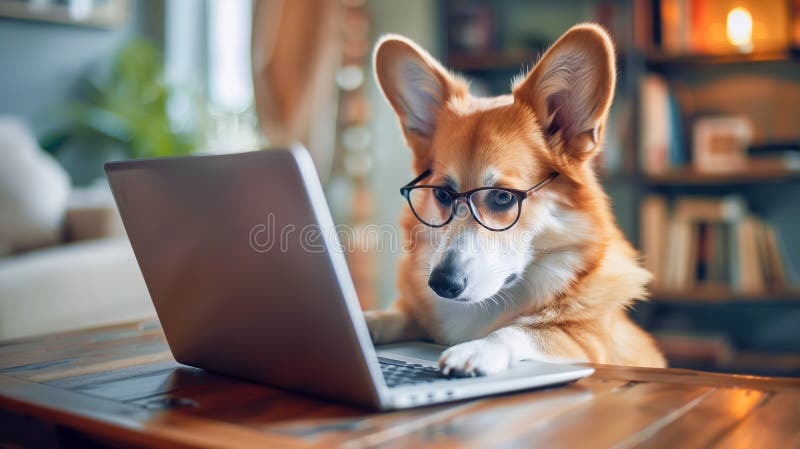 Cute Dog Looking at Laptop in Glasses Stock Illustration - Illustration ...