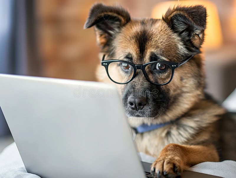 Cute Dog Looking at Laptop in Glasses, Looking at a Computer and ...