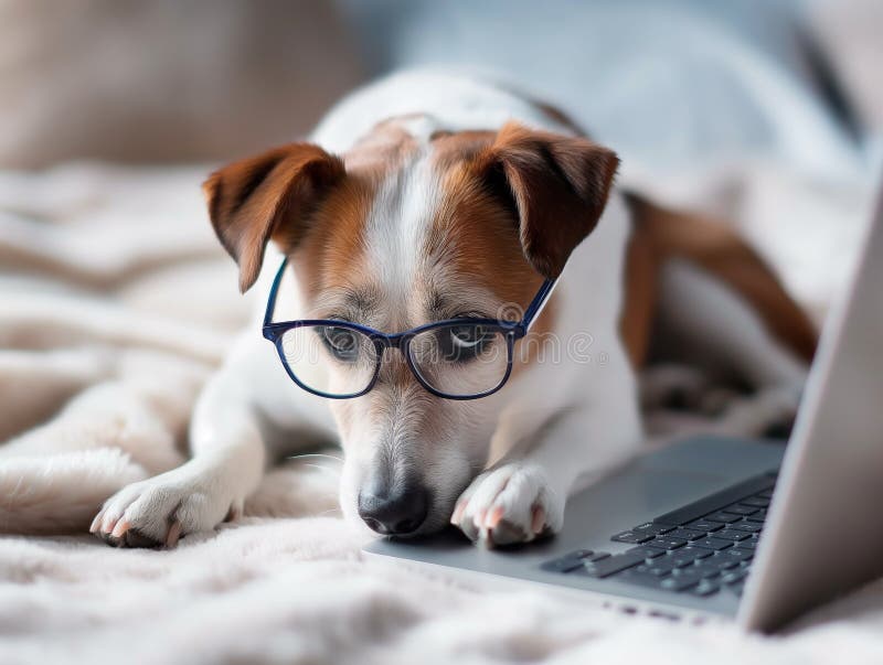 Cute Dog Looking at Laptop in Glasses, Looking at a Computer and ...