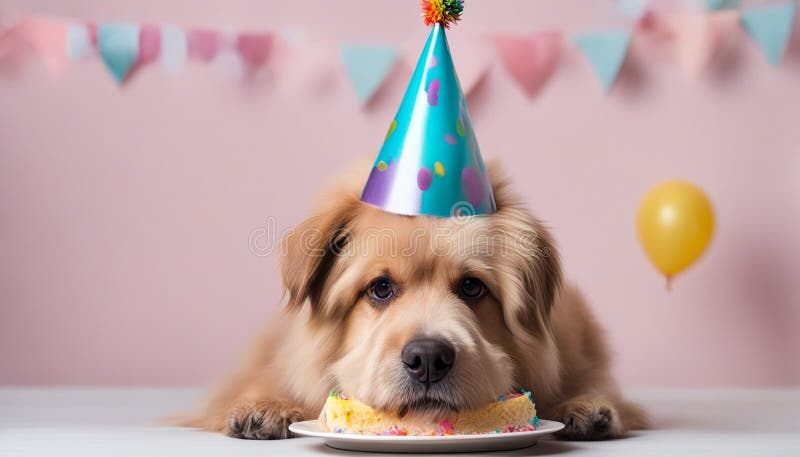 Cute Dog with Party Hat and Birthday Cake Stock Illustration ...