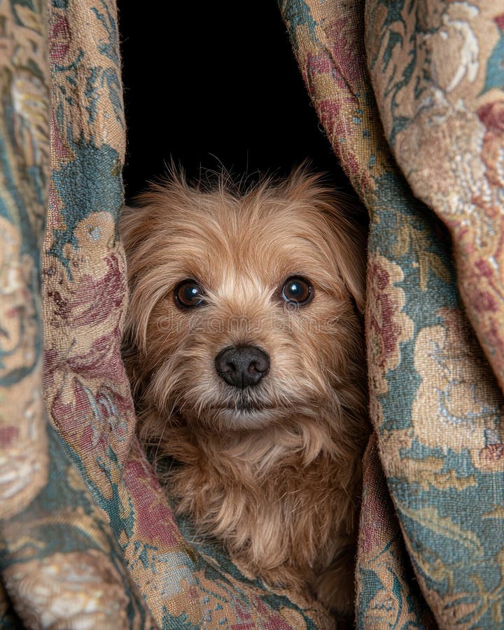 Cute Dog Peeking from Behind a Patterned Curtain Stock Illustration ...