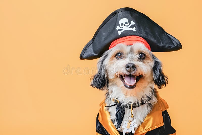 Cute Dog in Pirate Costume on Pastel Orange Background Stock Image ...