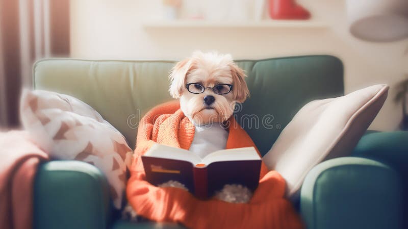 Cute Dog Reading a Book on Sofa at Home, AI Generative Stock ...
