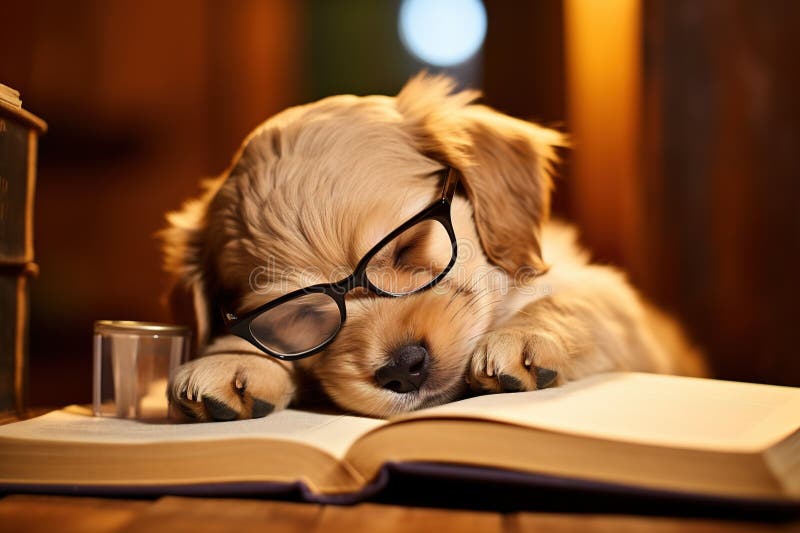 Cute Dog with Reading Glasses Fell Asleep at the Table with Book ...