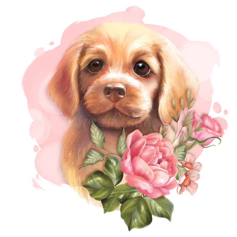 Cute Dog with Rose Flowers. Summer Illustration Stock Image - Image of ...