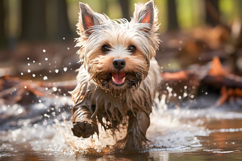 A Cute Dog Runs through Puddles, the Time of Year is Spring. the Ice ...