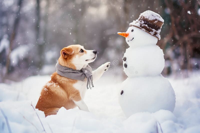 Cute Dog in Scarf and Snowman in Winter Forest Stock Photo - Image of ...