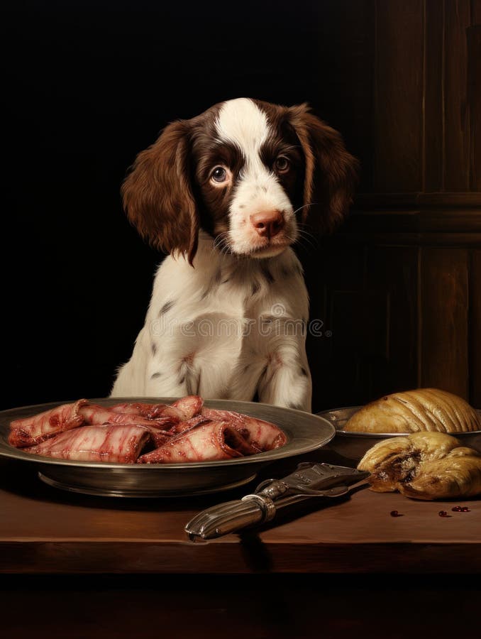Cute Dog Sitting at the Dining Table and Eating a Raw Fresh Meat ...