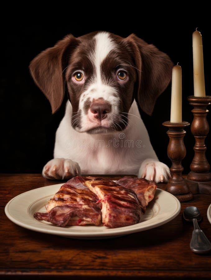 Cute Dog Sitting at the Dining Table and Eating a Raw Fresh Meat ...