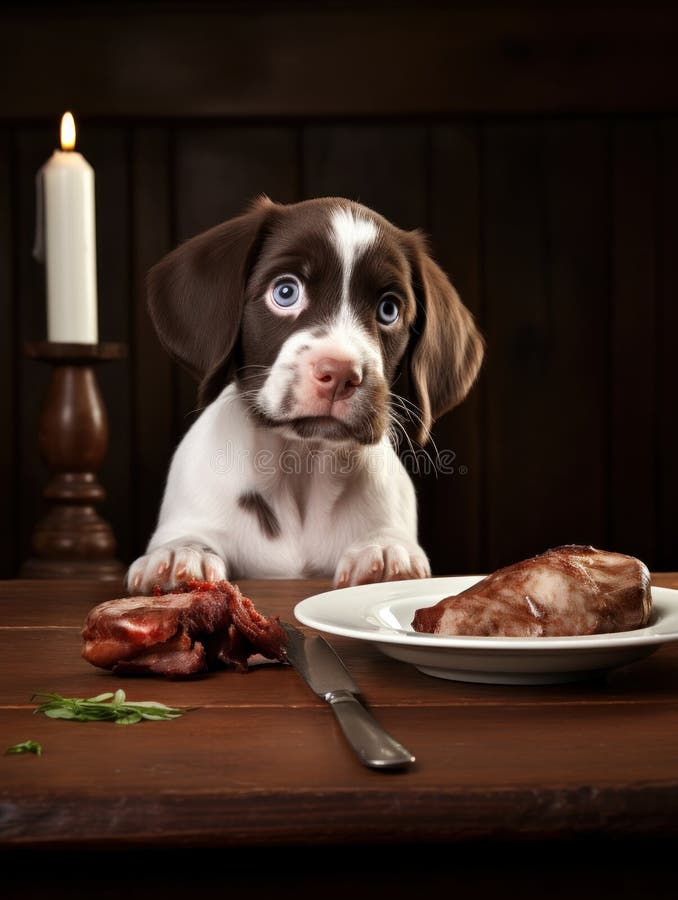 Cute Dog Sitting at the Dining Table and Eating a Raw Fresh Meat ...