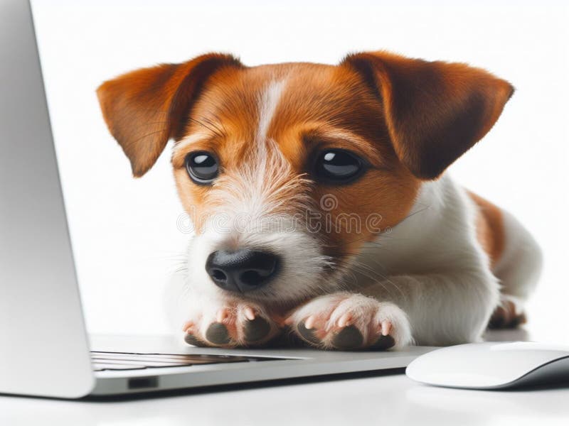 Cute Dog Sitting in Front of Laptop Stock Illustration - Illustration ...