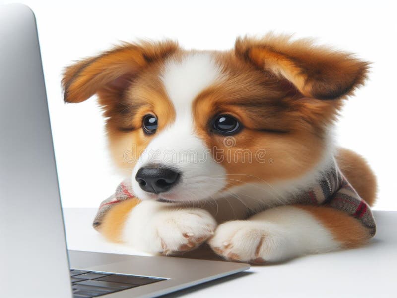 Cute Dog Sitting in Front of Laptop Stock Illustration - Illustration ...