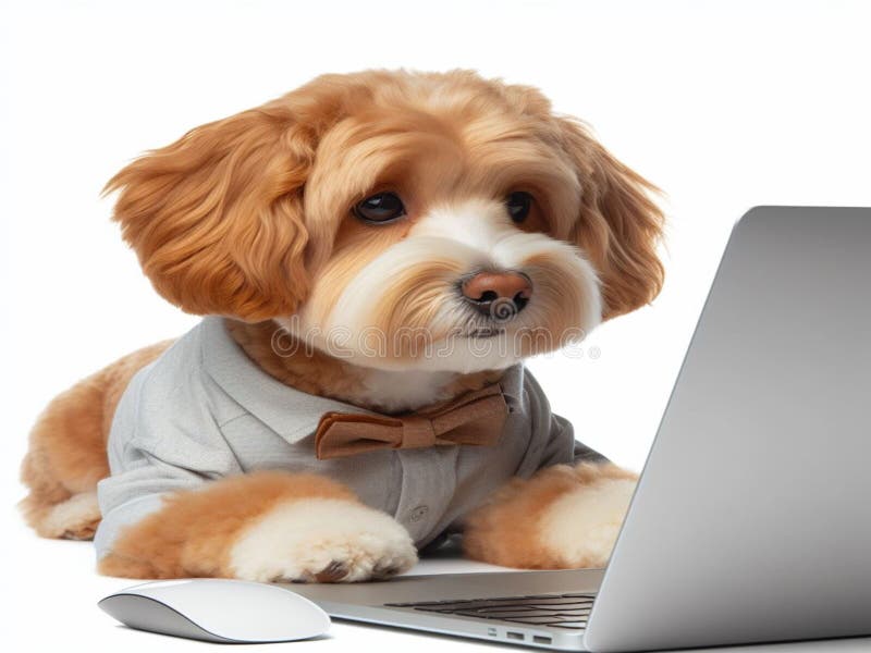 Cute Dog Sitting in Front of Laptop Stock Illustration - Illustration ...