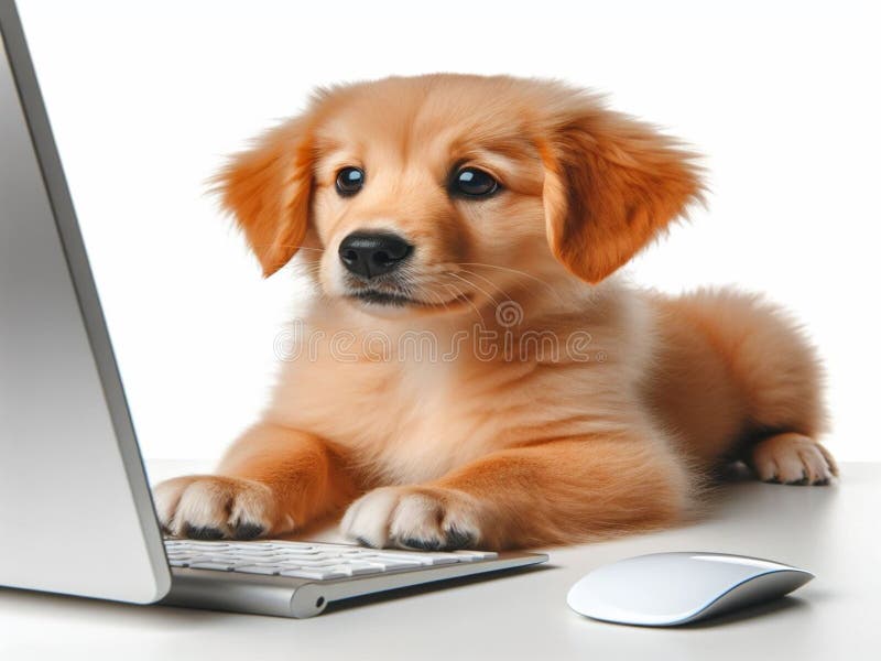 Cute Dog Sitting in Front of Laptop Stock Illustration - Illustration ...