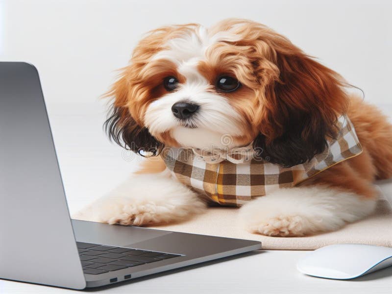 Cute Dog Sitting in Front of Laptop Stock Illustration - Illustration ...