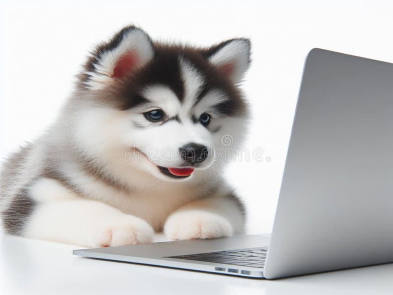 Cute Dog Sitting in Front of Laptop Stock Illustration - Illustration ...