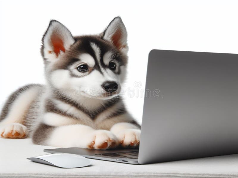 Cute Dog Sitting in Front of Laptop Stock Illustration - Illustration ...