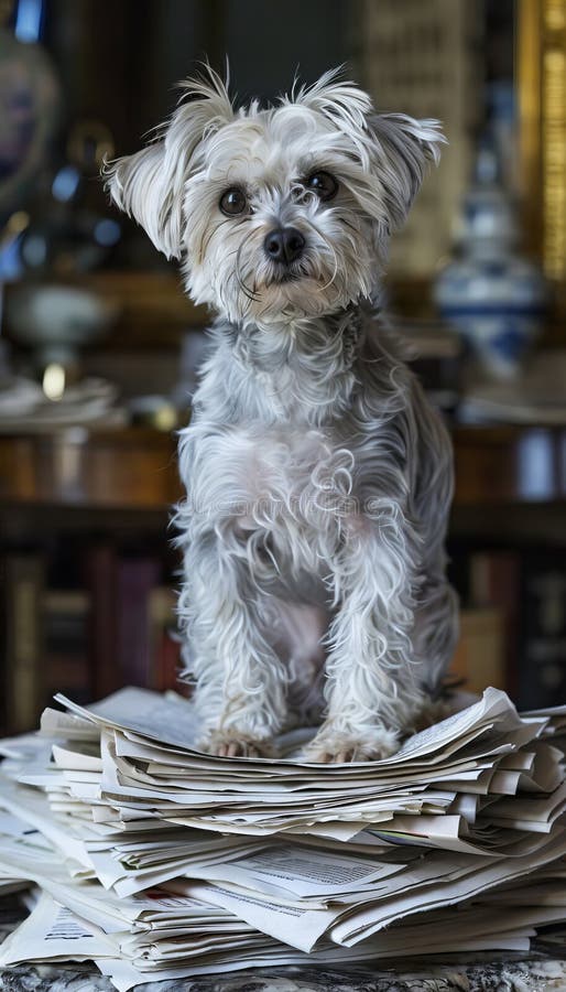 Cute Dog Sitting on Stack of Newspapers, Curious Terrier Puppy Explores ...