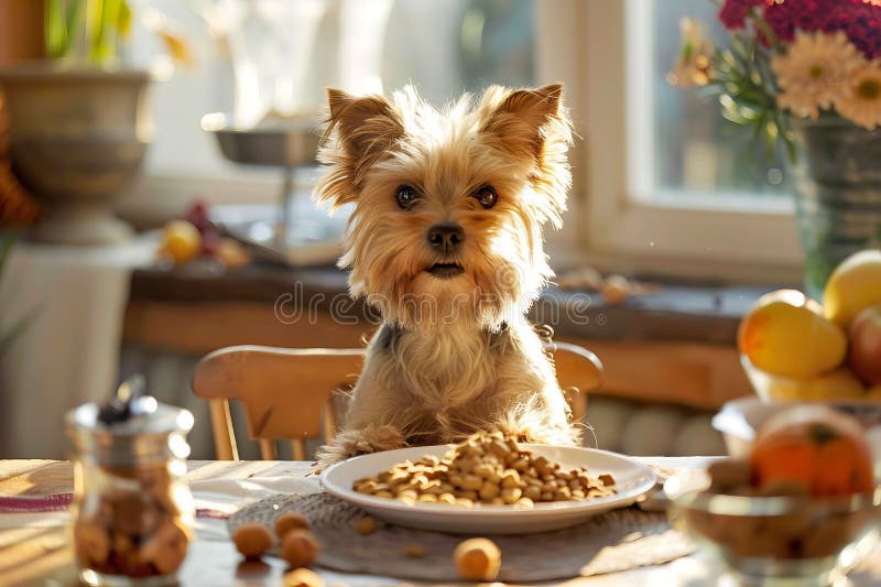 Cute Dog Sitting at Table with Food Bowl Stock Image - Image of healthy ...