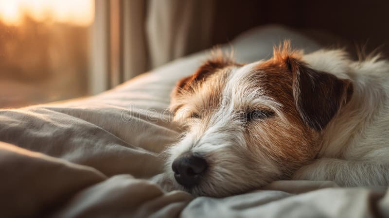 Cute Dog Sleeping Peacefully in Bed at Sunrise Stock Illustration ...