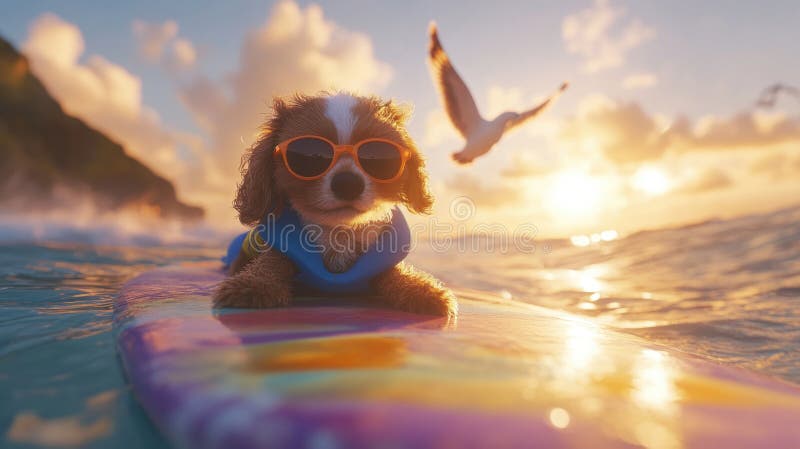 Cute Dog Surfing on a Wave, Ocean or Sea on Summer Vacation Holidays ...