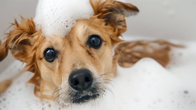 Cute Dog Taking a Shower in a Bathtub with Foam. Stock Illustration ...