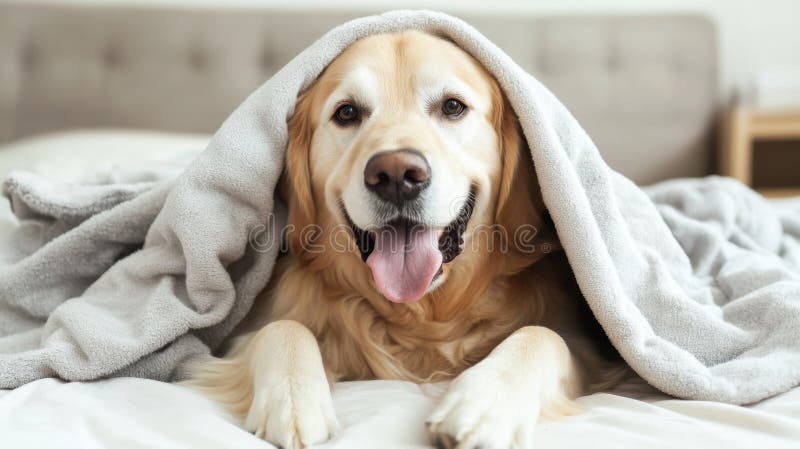 Cute Dog Under Blanket on Bed at Home. Pet Care Concept Stock ...