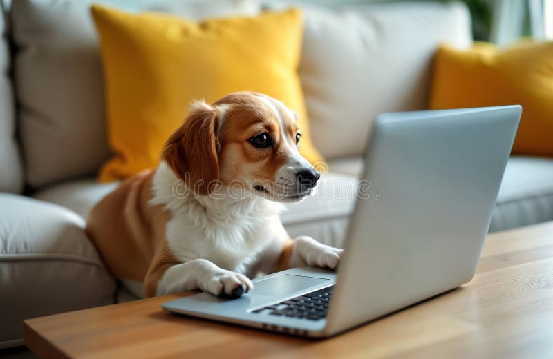 Cute Dog Using Laptop at Home. Adorable Small Dog Sitting on Table with ...