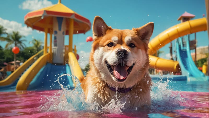 Cute Dog in the Water Park Playing Summer Stock Illustration ...