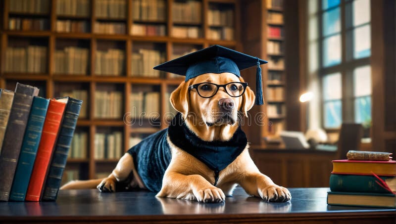 Cute Dog Wearing a Bachelor S Cap in the Library Student College Stock ...