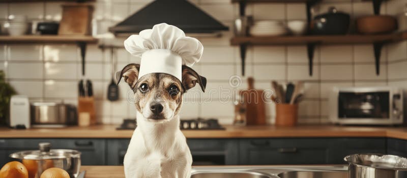 Cute Dog Wearing Chef Hat in Modern Kitchen Setting with Cooking ...
