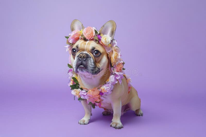 Cute Dog Wears Floral Garland on a Plain Backdrop with Aesthetic Theme ...