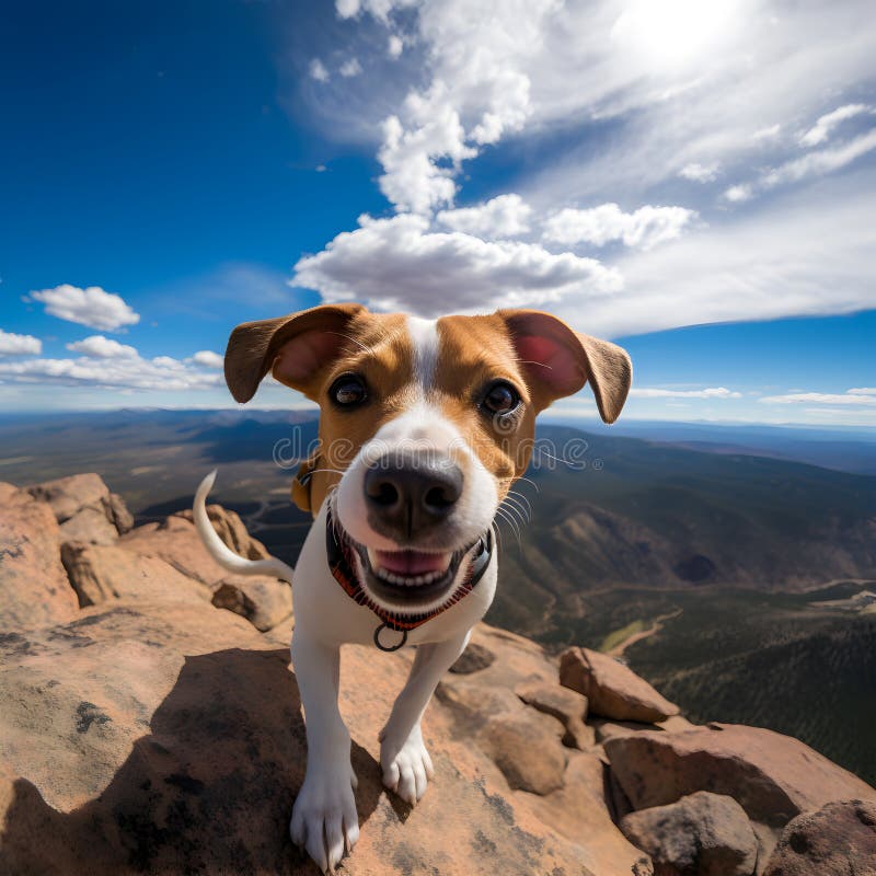Cute Dog on a Wide Angle Lens High in the Mountains. Stock Illustration ...