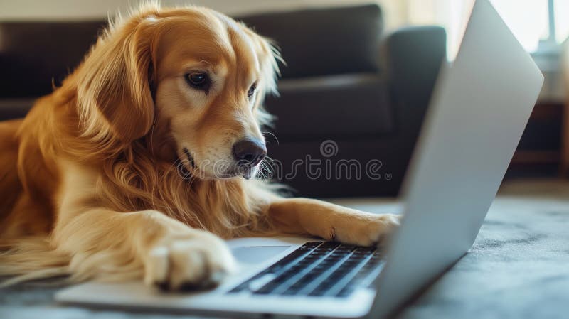 Golden Retriever Using Laptop, Cute Dog Working on Computer, Pet ...