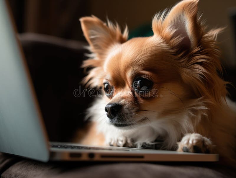 Cute Dog Working at Home Office on Computer Stock Illustration ...