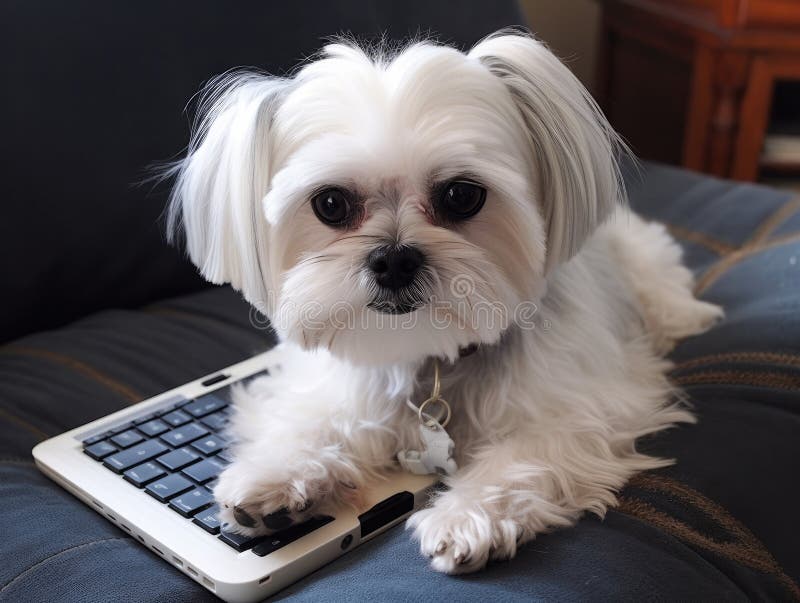Cute Dog Working at Home Office on Computer Stock Illustration ...